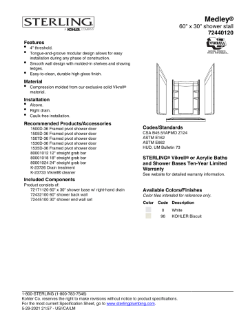 Sterling Plumbing Medley™ 60" x 30" shower stall Spec Sheet | Manualzz