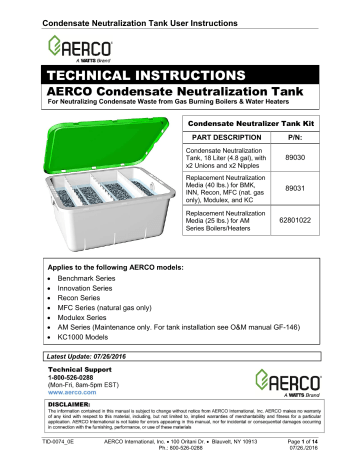 AERCO Condensate Neutralizer Kits Neutralizes condensate from ...