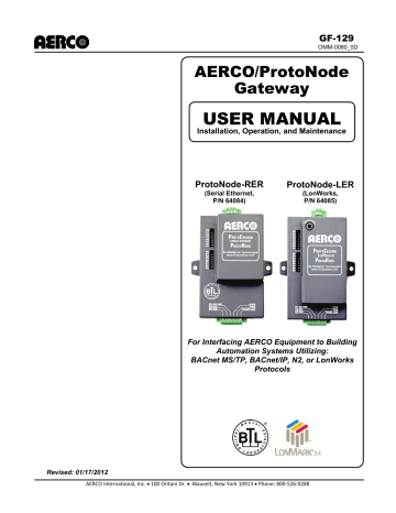 AERCO ProtoNode Gateway Supports integration Maintenance Manual | Manualzz