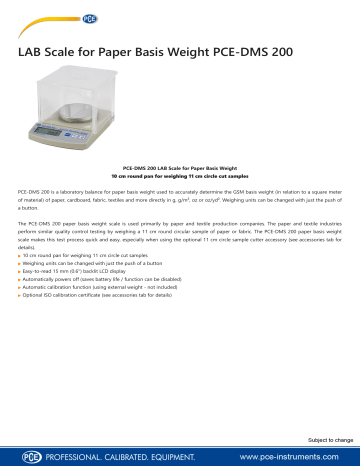 PCE PCE-DMS 200 GSM Paper Basis Weight Balance Datasheet | Manualzz