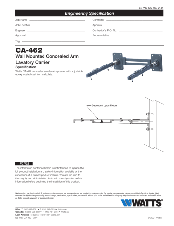 Watts CA-462 Wall Mounted Concealed Arm Lavatory Carrier Specification ...