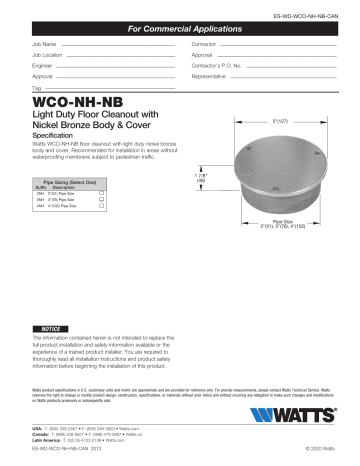 Watts WCO-NH-NB Light Duty Floor Cleanout Specification | Manualzz