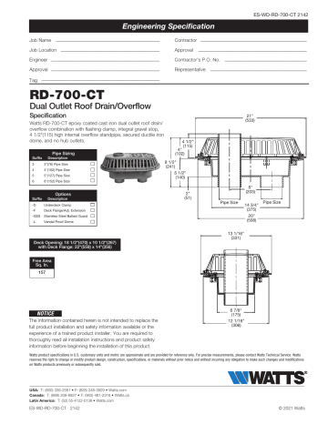 Watts RD-700-CT Dual Outlet Roof Drain/Overflow Specification | Manualzz