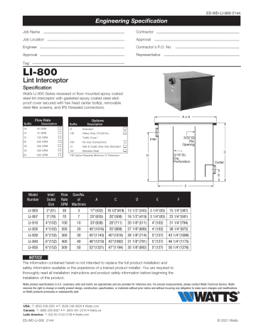 Watts LI-800 Lint Interceptor Specification | Manualzz