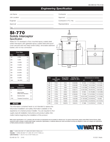 Watts SI-770 Solids Interceptor Specification | Manualzz