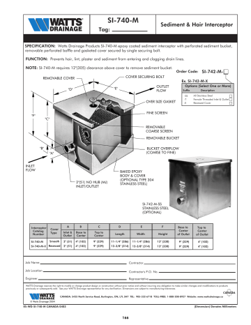 Watts SI-740-M Sediment and Hair Interceptor Specification | Manualzz