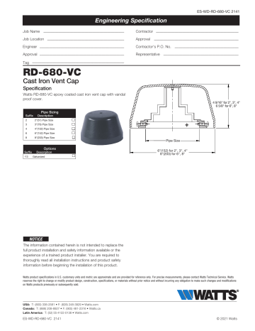 Watts RD-680-VC Cast Iron Vent Cap Specification | Manualzz