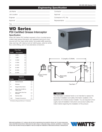 Watts WD PDI Certified Grease Interceptor Specification | Manualzz