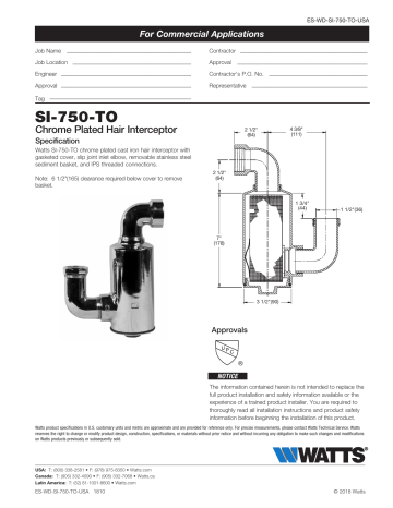 Watts SI-750-TO Chrome Plated Hair Interceptor Specification | Manualzz