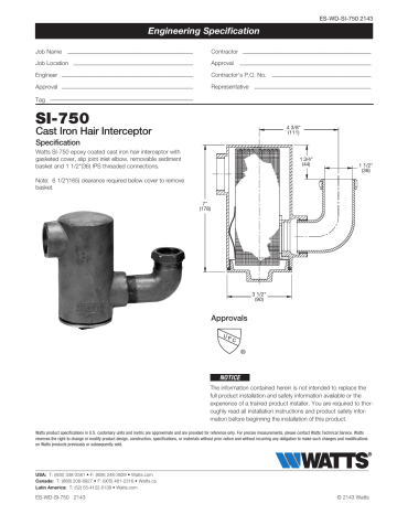 Watts SI-750 Cast Iron Hair Interceptor Specification | Manualzz