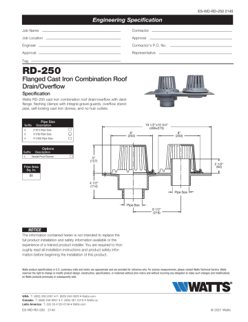 Watts RD-250 One-Piece Combination Roof Drain & Secondary Overflow ...