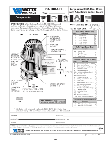 Watts RD-100-CH Large Area IRMA Roof Drain Specification | Manualzz