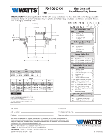 Watts FD-100-C-XH Floor Drain Specification | Manualzz