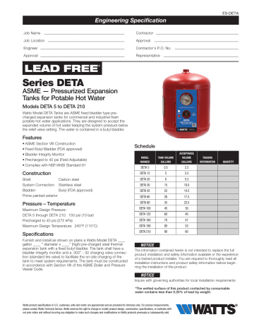 Watts DETA ASME Potable Water Expansion Tanks Specification | Manualzz