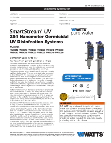 Watts SmartStream PW-C UV Disinfection Systems Specification | Manualzz