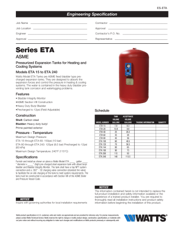 Watts ETA ASME Pressurized Expansion Tanks Specification | Manualzz