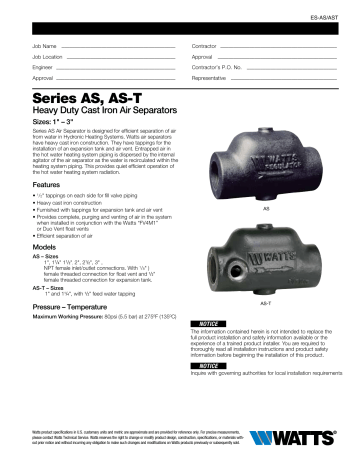 Watts AS Cast Iron Air Separators Specification | Manualzz