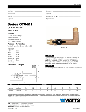 Watts OTV-M1 Oil Tank Valves Specification | Manualzz