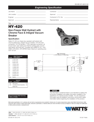 Watts HY-420 Non-Freeze Wall Hydrant Specification | Manualzz