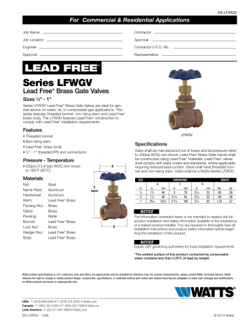 Watts LFWGV Lead Free* Brass Gate Valves Specification | Manualzz