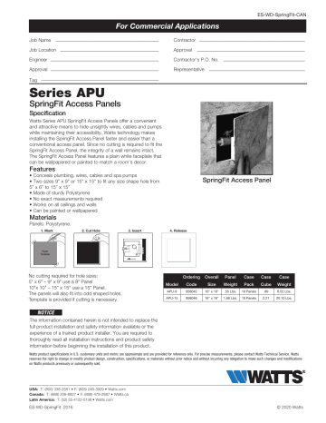 Watts APU SpringFit Access Panels Specification | Manualzz