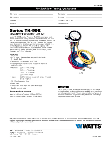 Watts TK-99E Backflow Preventer Test Kit Specification | Manualzz