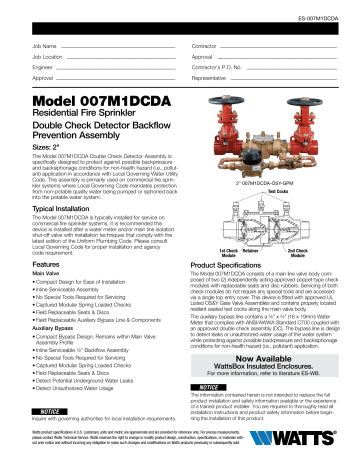 Watts 007M1DCDA Residential/Commercial Fire Sprinkler Systems Double Check Detector Assemblies ...