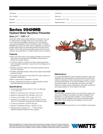 Watts 994HMB Portable Hydrant Meter Backflow Preventers Specification ...