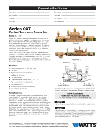 Watts 007 Double Check Valve Assemblies Specification | Manualzz