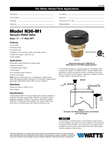 Watts N36 Water Service Vacuum Relief Valves Specification | Manualzz