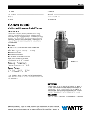 Watts 530C Calibrated Pressure Relief Valves Specification | Manualzz