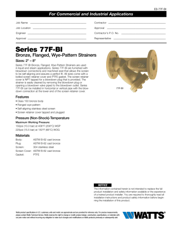 Watts 77F-BI Bronze Specification | Manualzz