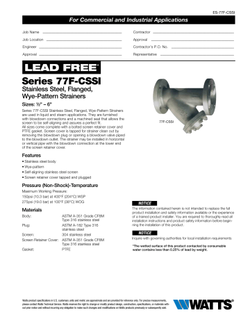 Watts 77F-CSSI Stainless Steel Specification | Manualzz
