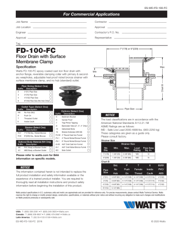 Watts FD-100-FC Floor Drain Specification | Manualzz