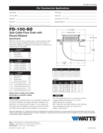 Watts FD-100-SO Side Outlet Floor Drain Specification | Manualzz