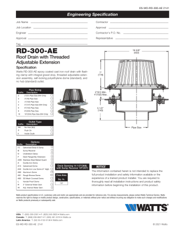 Watts RD-300-AE Roof Drain Specification | Manualzz