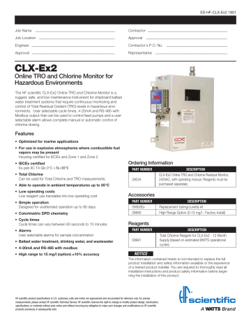 HF scientific CLX-Ex2 TRO and Chlorine Monitor Specification | Manualzz