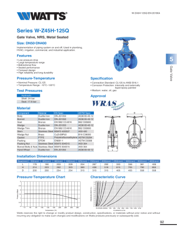 Watts W-Z45H-125Q Gate Valve Specification | Manualzz