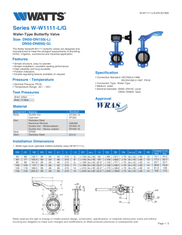 Watts W-W1111-L/W-W1111-G Handle Wafer Centre-line Butterfly Valve ...