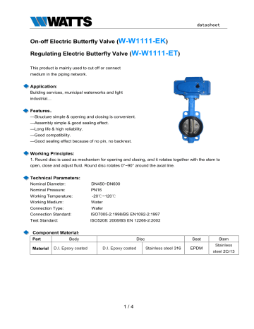 Watts W-W1111-EK/W-W1111-ET Electric Switch-type Wafer Centre-line ...