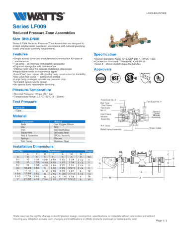 Watts LF009-QT Low Lead Backflow Preventer Specification | Manualzz