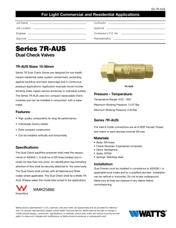 Watts 7R-AUS Dual Check Valves Specification | Manualzz
