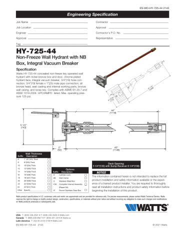 Watts HY-725-44 Non-Freeze Wall Hydrant Specification | Manualzz