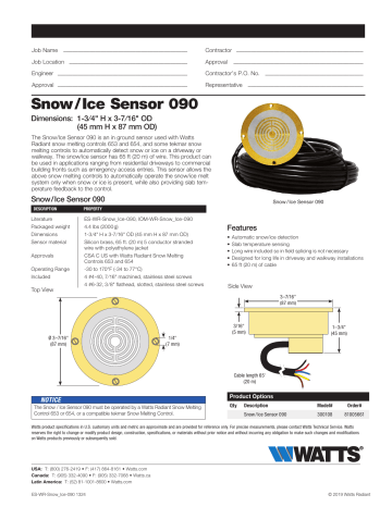 Watts 090 Snow/Ice Sensor Specification | Manualzz