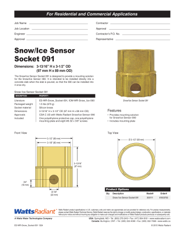 Watts 300111 Snow and ice sensor socket 091 Specification | Manualzz