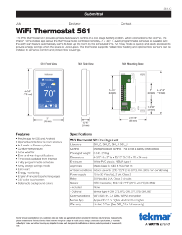 tekmar 561 WiFi Thermostat Specification | Manualzz