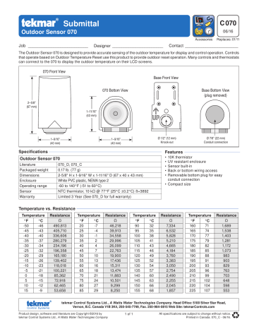 tekmar 070 Outdoor Sensor Specification | Manualzz