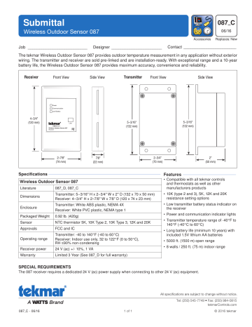 tekmar 087 Wireless Outdoor Sensor Specification | Manualzz