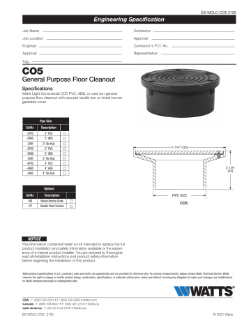 Watts CO5 General Purpose Floor Cleanout Specification | Manualzz