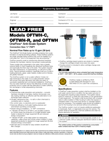 Watts OFTWH OneFlow Anti-Scale System Specification | Manualzz